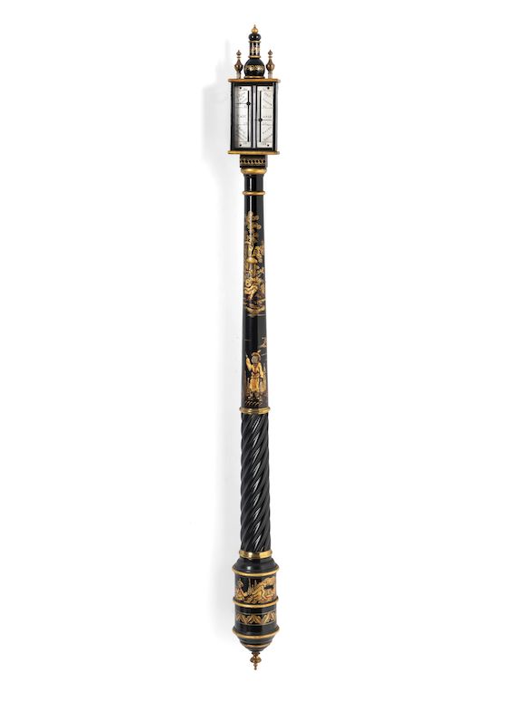 Bonhams : A black and gilt japanned reproduction stick barometer in the ...