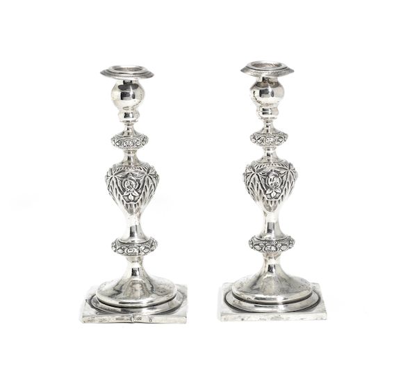 Bonhams : A pair of Russian / Polish silver Sabbath candlesticks by Jan ...