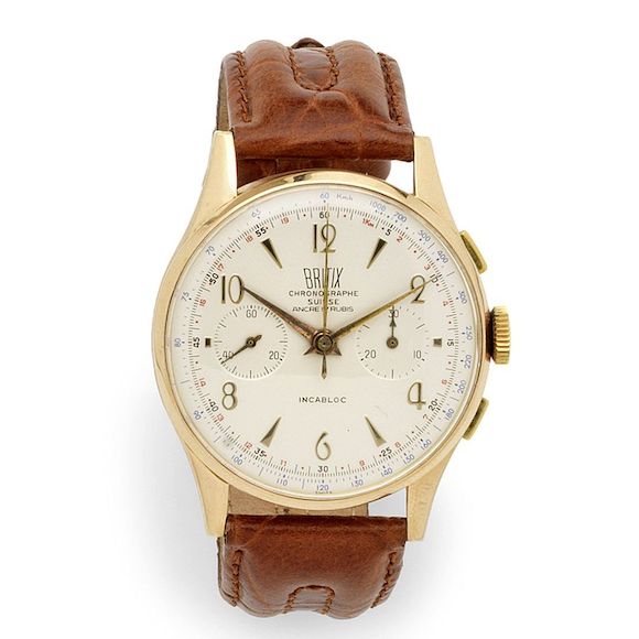 Bonhams : Britix. An 18K gold manual wind chronograph wristwatch Case ...