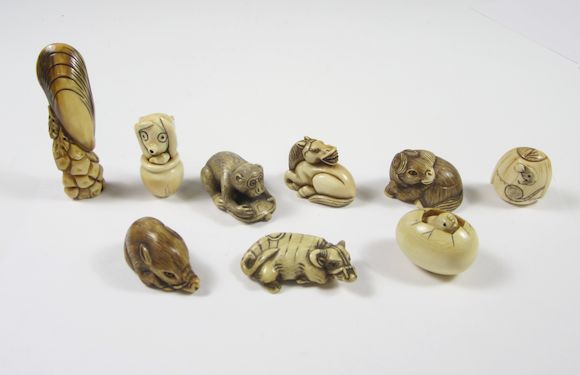 Bonhams : A group of ivory and marine ivory netsuke of animals Mid 19th ...