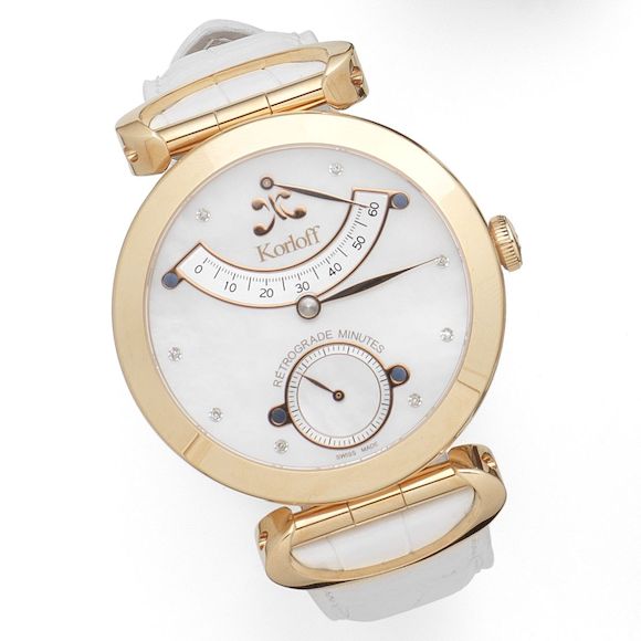 Bonhams : Korloff. An 18K gold manual wind wristwatch with retrograde ...