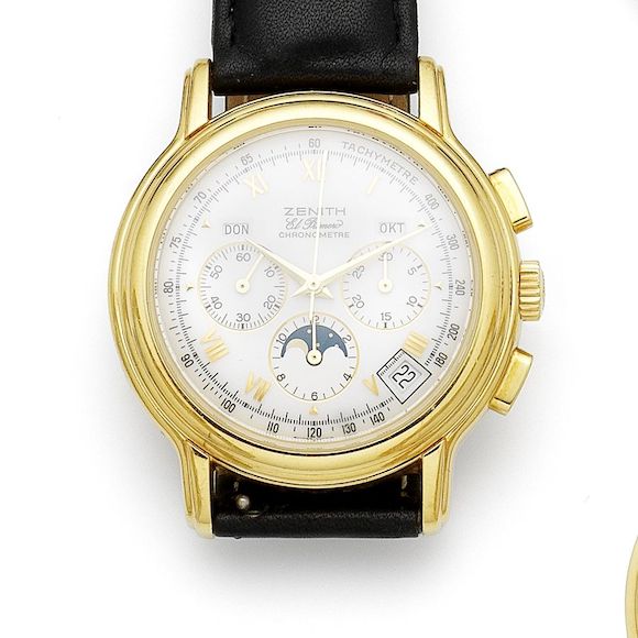 Bonhams : Zenith. An 18K gold automatic calendar chronograph wristwatch ...