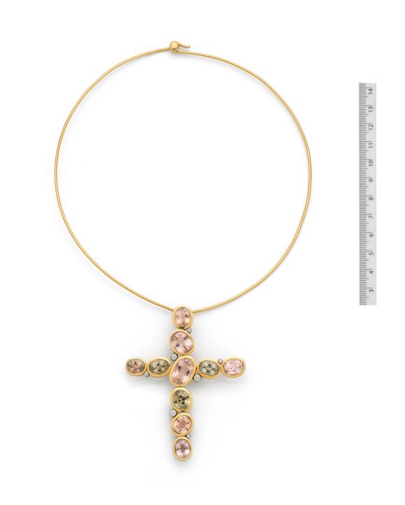 Bonhams : A tourmaline and diamond cross pendant/necklace, by Andrew Grima,
