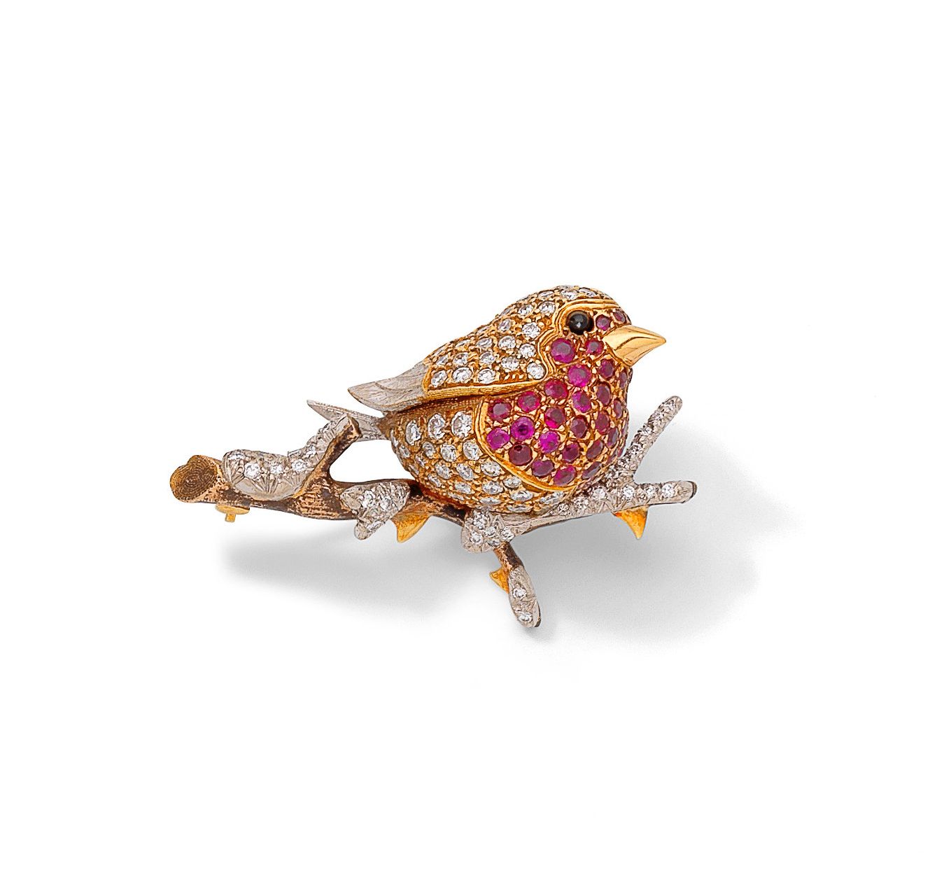 Bonhams : A ruby and diamond robin brooch, by E Wolfe and Co, 1970