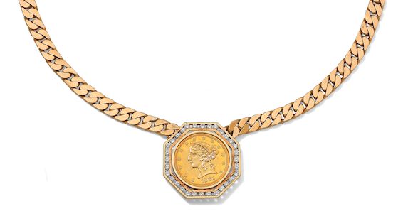 Bonhams : A five dollar coin and diamond necklace