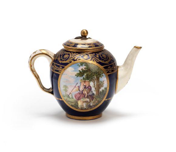 Bonhams : AN 18TH CENTURY SÈVRES TEAPOT WITH 19TH CENTURY DECORATION
