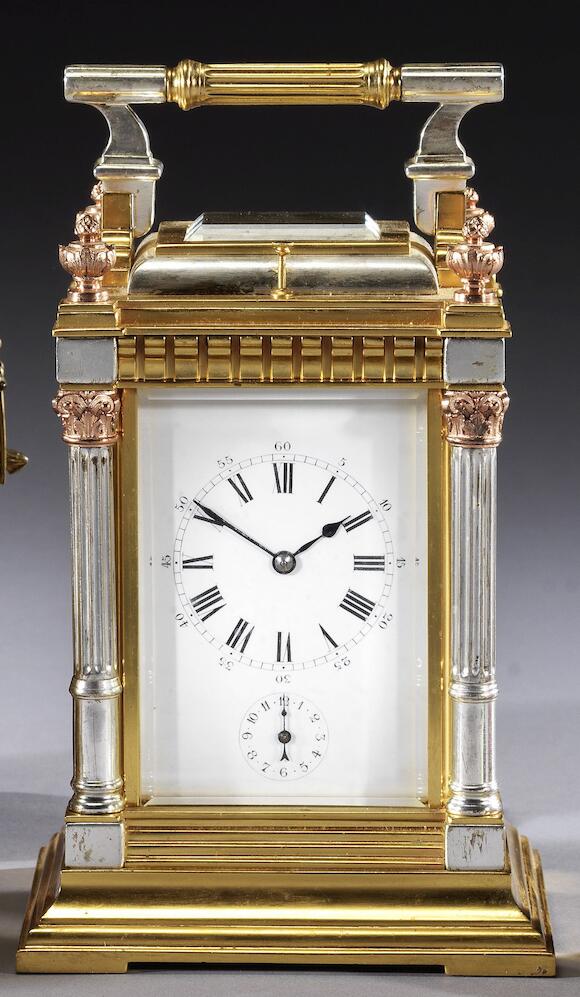 Bonhams : A late 19th century French grande sonnerie silvered and gilt brass carriage clock
