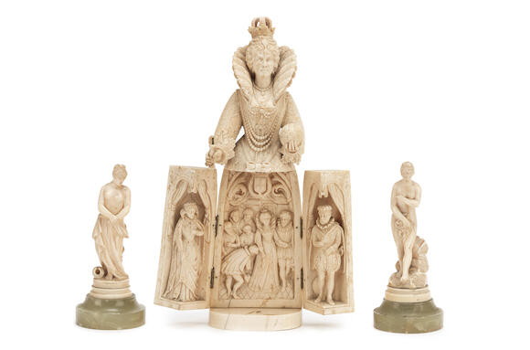 Bonhams : A late 19th century French carved ivory triptych figural of Queen Elisabeth I together ...