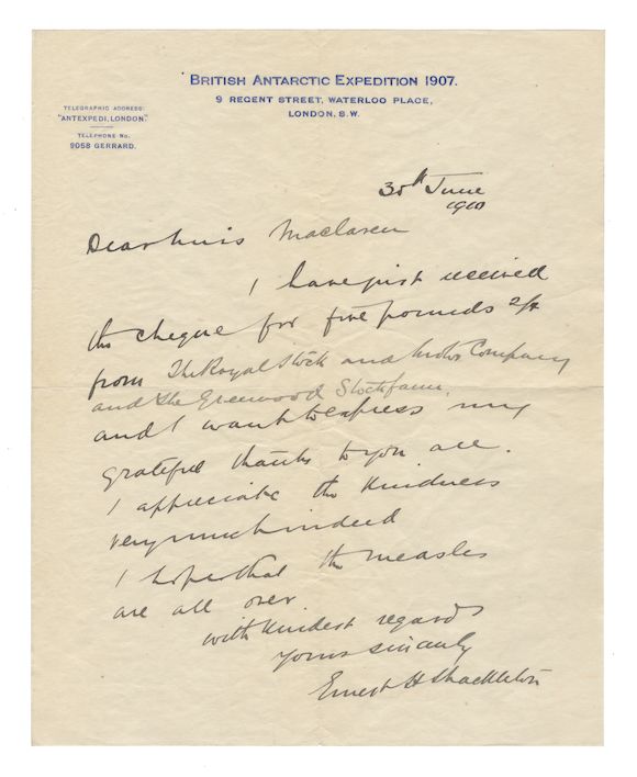 Bonhams : SHACKLETON (ERNEST HENRY) Autograph letter signed ("Ernest H ...