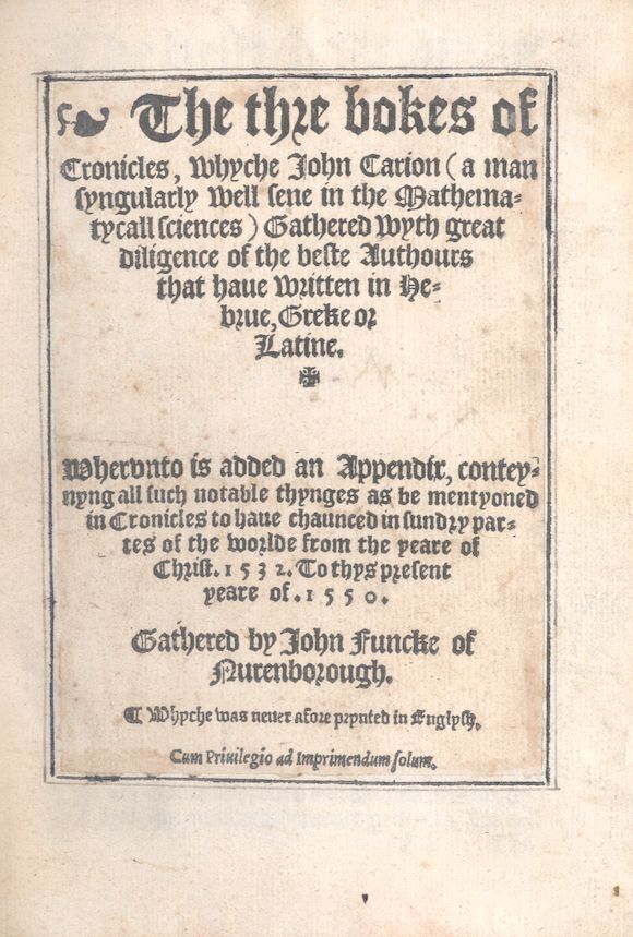 Bonhams : CARION (JOHANNES) The Thre Bokes of Cronicles... whereunto is ...