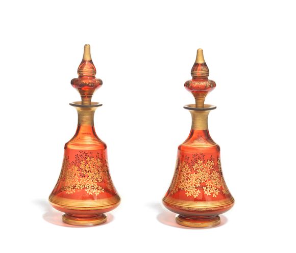 Bonhams : A pair of Bohemian ruby glass and gilt decorated decanters ...
