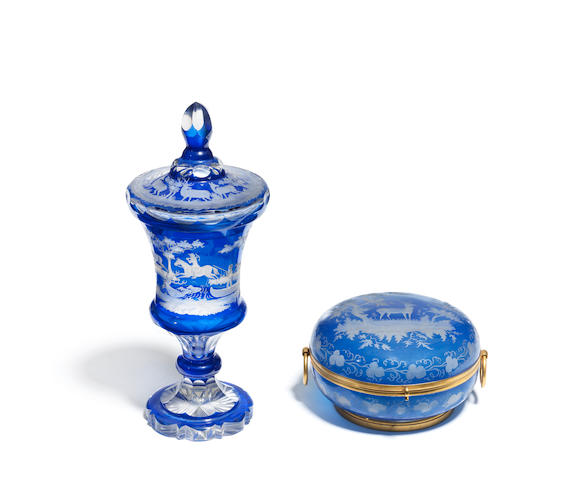 Bonhams A Bohemian Blue Flashed And Cut Glass Pedestal Cup And Cover