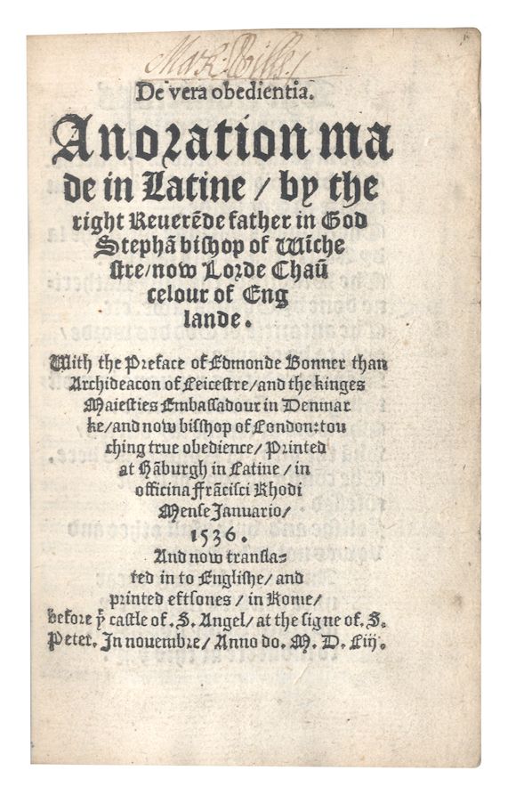 Bonhams : GARDINER (STEPHEN, BISHOP OF WINCHESTER) De vera obedientia ...
