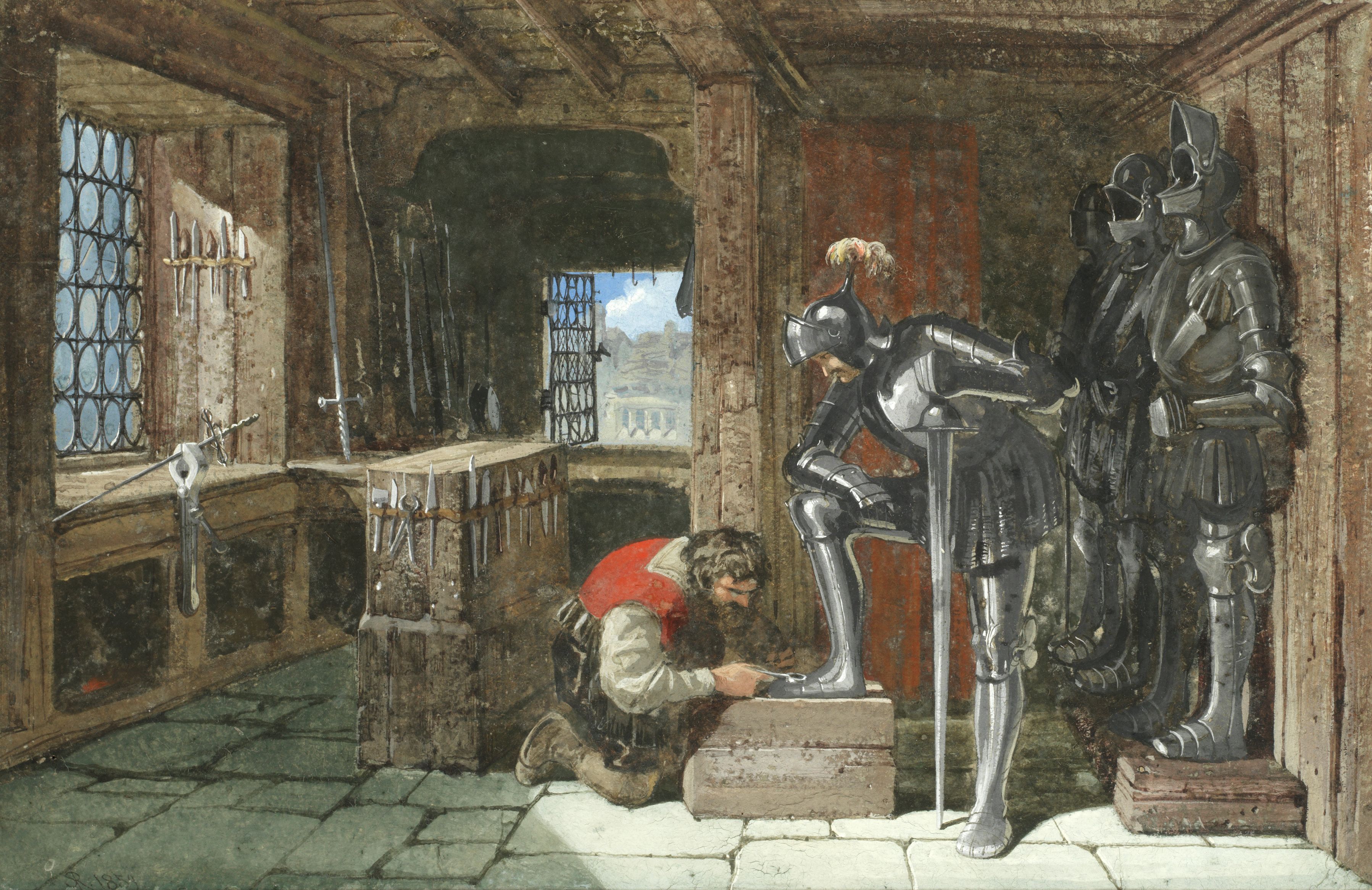 Bonhams : Samuel Rayner (British, 1820-1874) The armourer's workshop ...