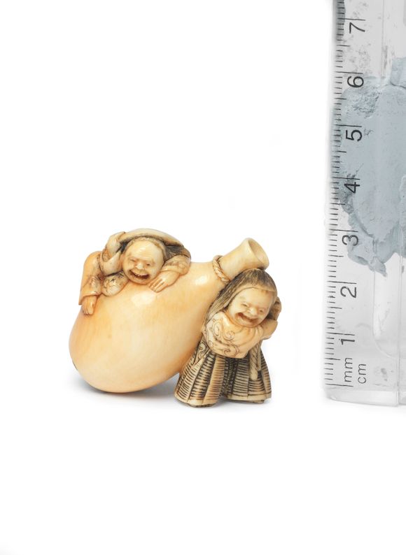 Bonhams : An ivory netsuke of two shojo School of Hidemasa, Osaka, 19th ...