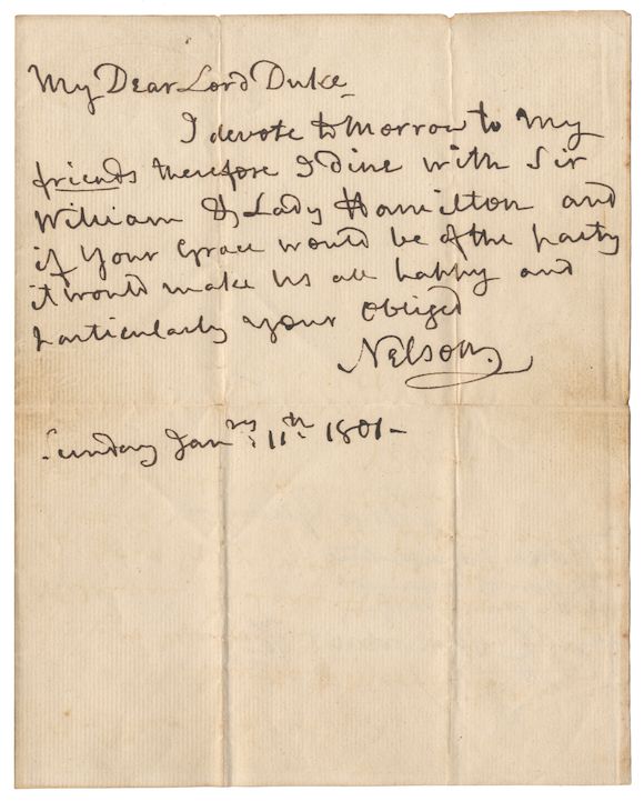 Bonhams : NELSON (HORATIO) Autograph letter signed ("Nelson"), to the ...