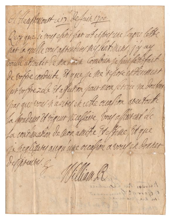 Bonhams : WILLIAM III Autograph letter signed (William R), in French ...