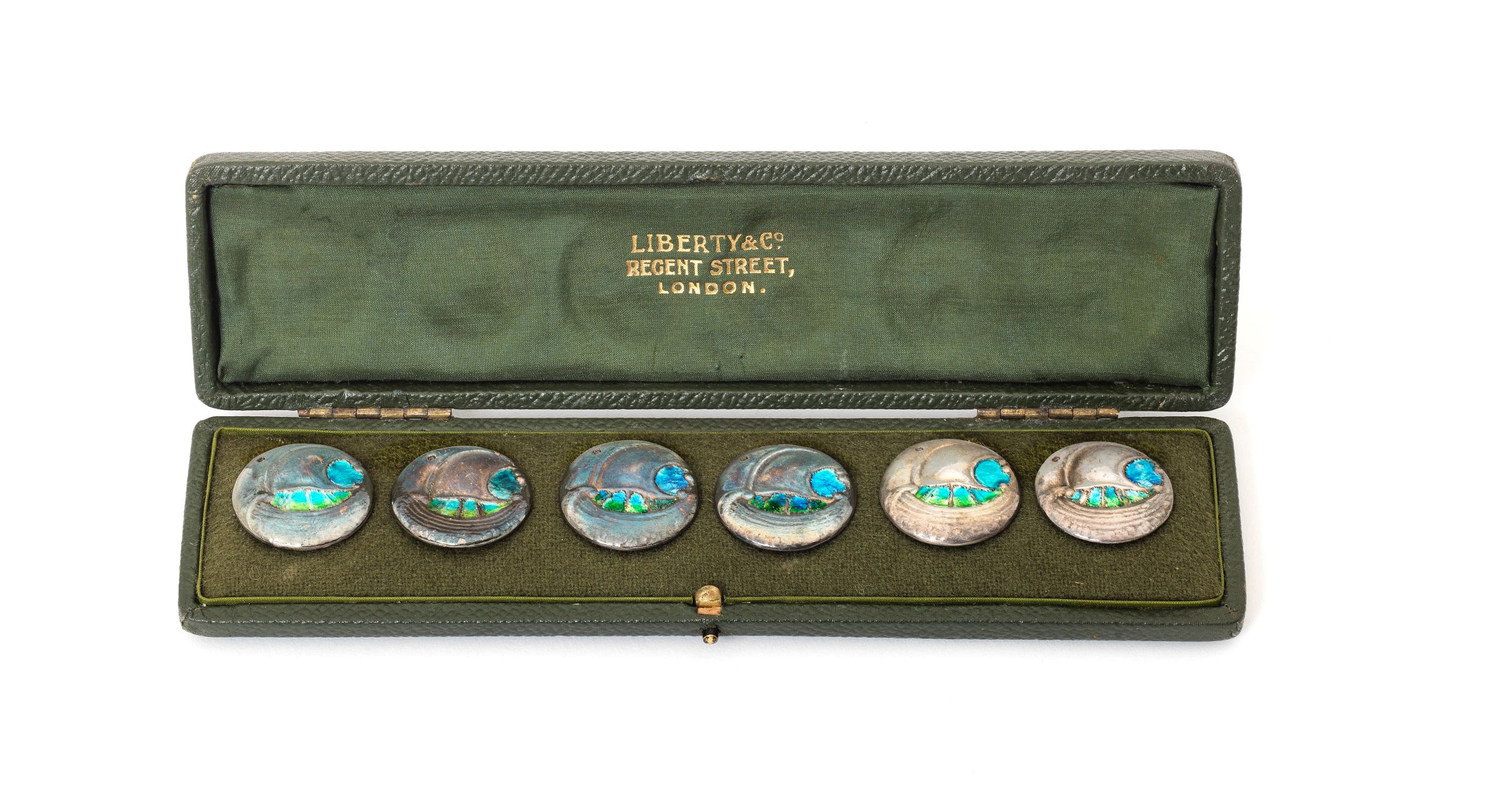 Bonhams : A Cased Set of Six 'Cymric' Silver and Enamel Buttons ...
