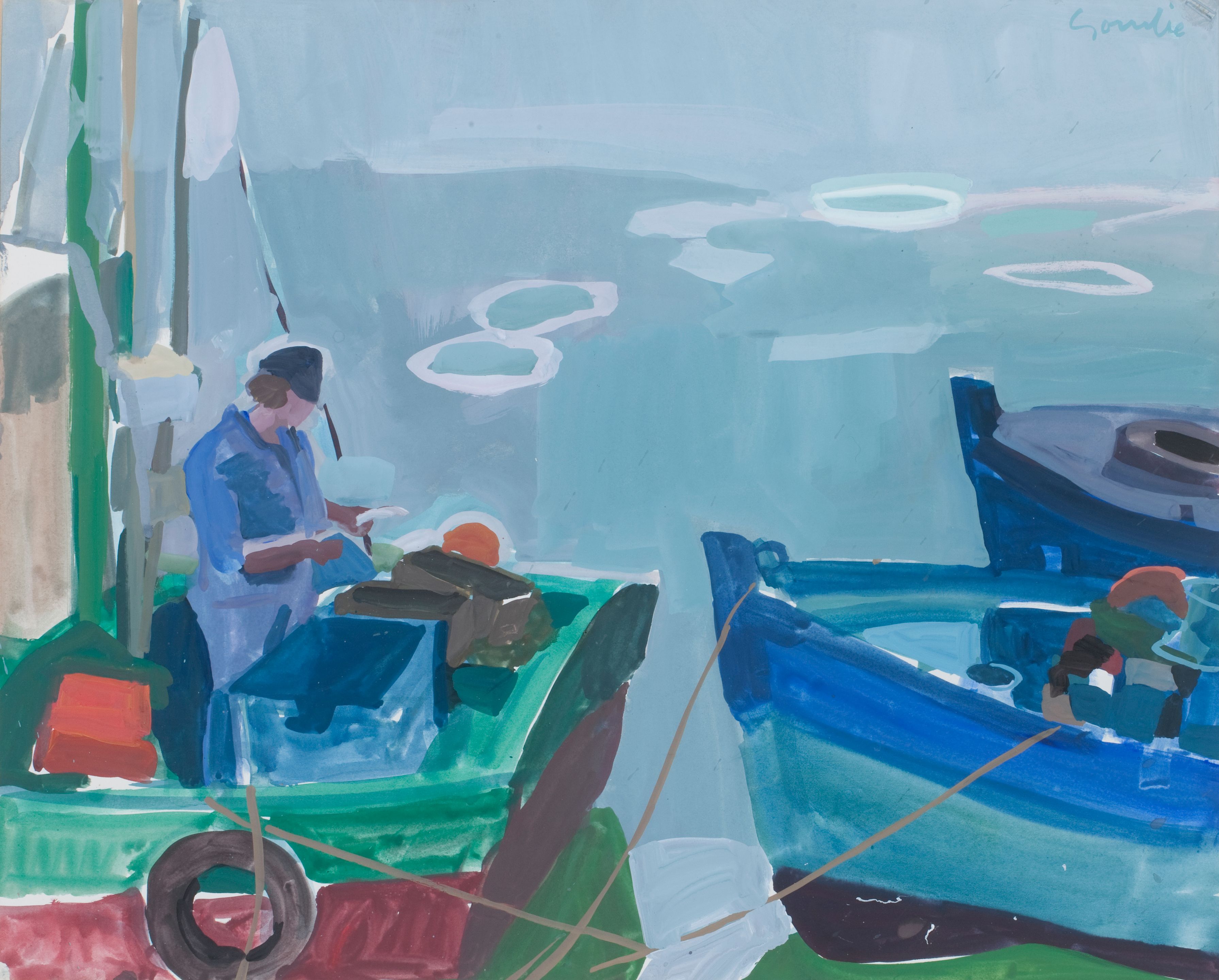 Bonhams : Alexander Goudie (British, 1933-2004) Fishermen at Port