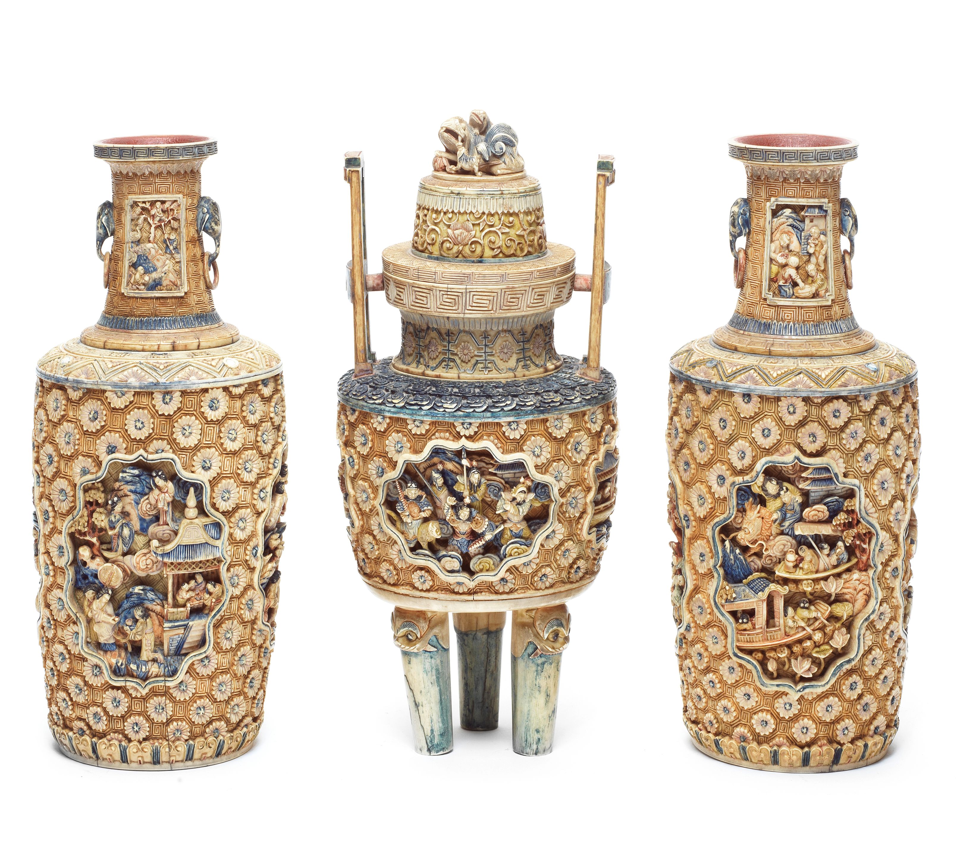 Bonhams : A set of three carved polychrome ivory altar vessels 19th ...