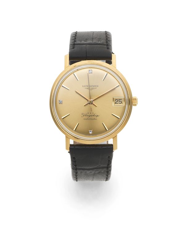 Bonhams : Longines. An 18K gold automatic calendar wristwatch Flagship, Ref 3518, Circa 1966
