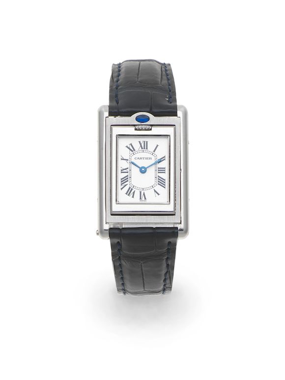 Bonhams : Cartier. A lady's stainless steel manual wind reversible ...