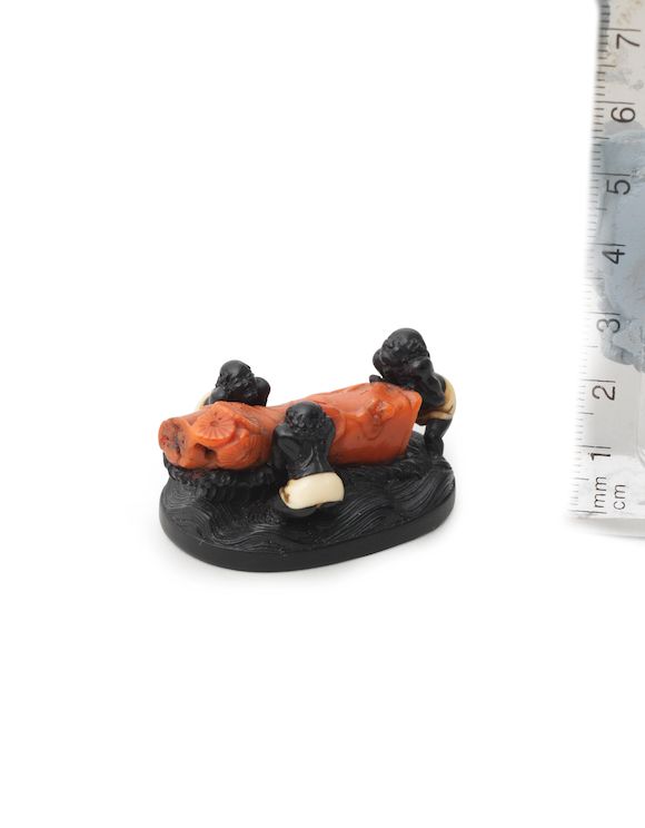 Bonhams : An ebony, ivory and coral netsuke of three fishermen By ...