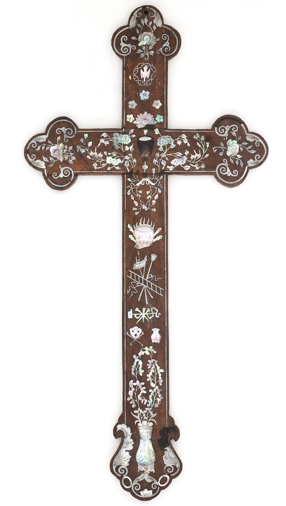 Bonhams : A mother-of-pearl inlaid wooden Apostle cross 19th century