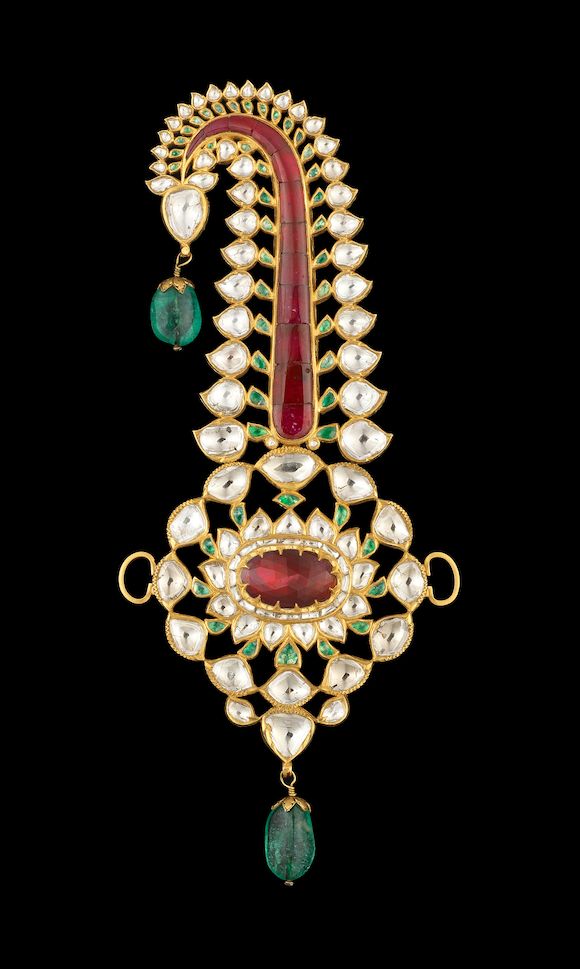 Bonhams : A gem-set gold turban ornament (sarpech) Jaipur, 20th Century