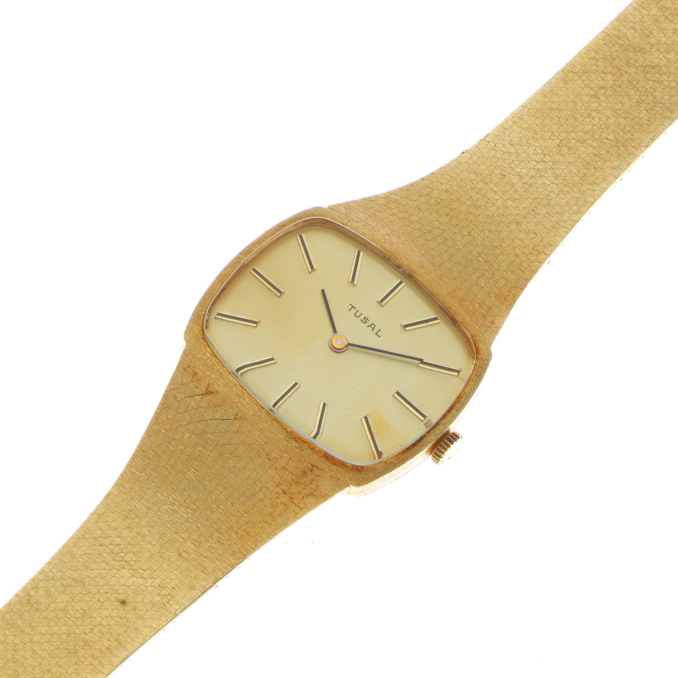 Bonhams : Tusal. A 14K gold manual wind bracelet watch Circa 1960