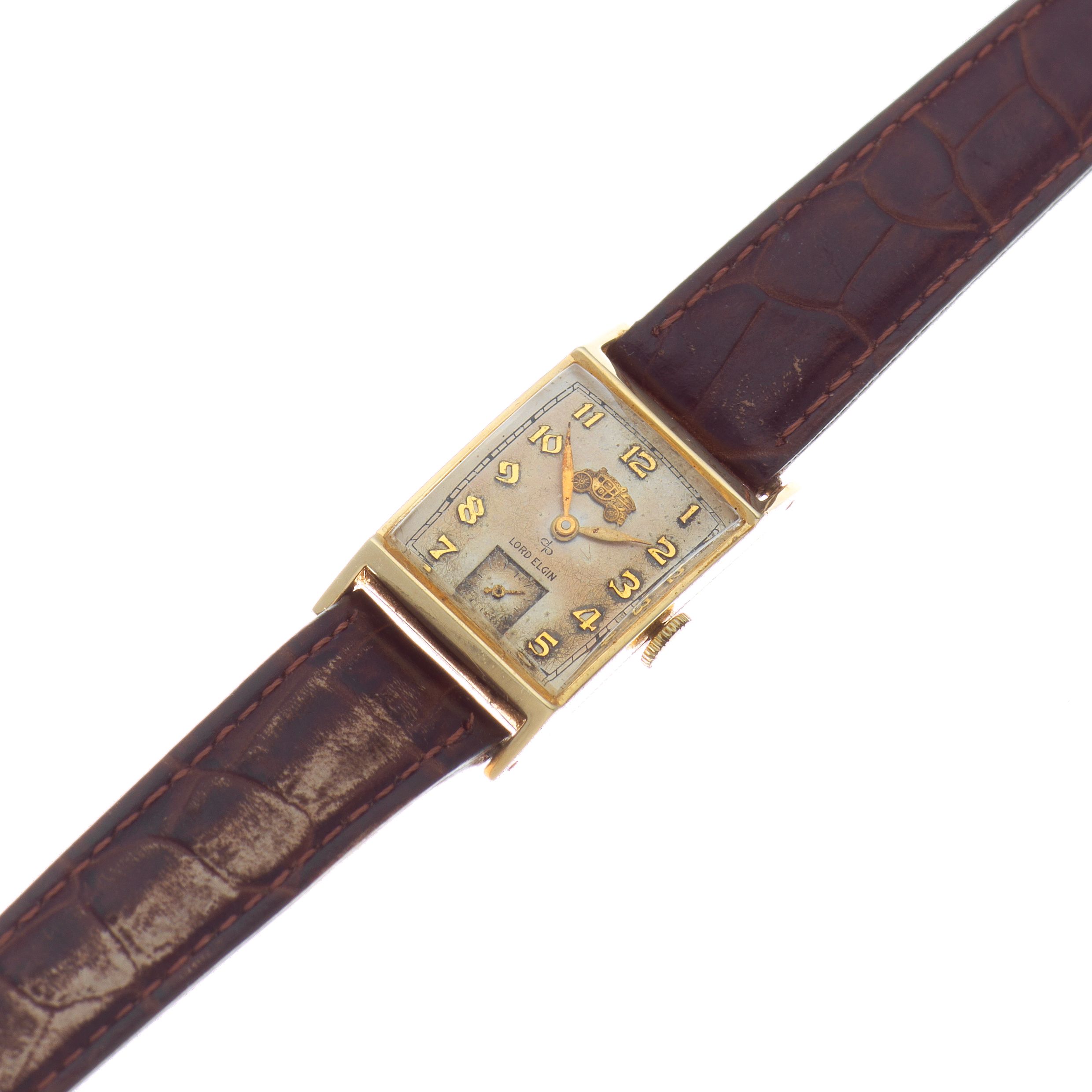 Bonhams : Lord Elgin. A 14K gold manual wind rectangular wristwatch ...