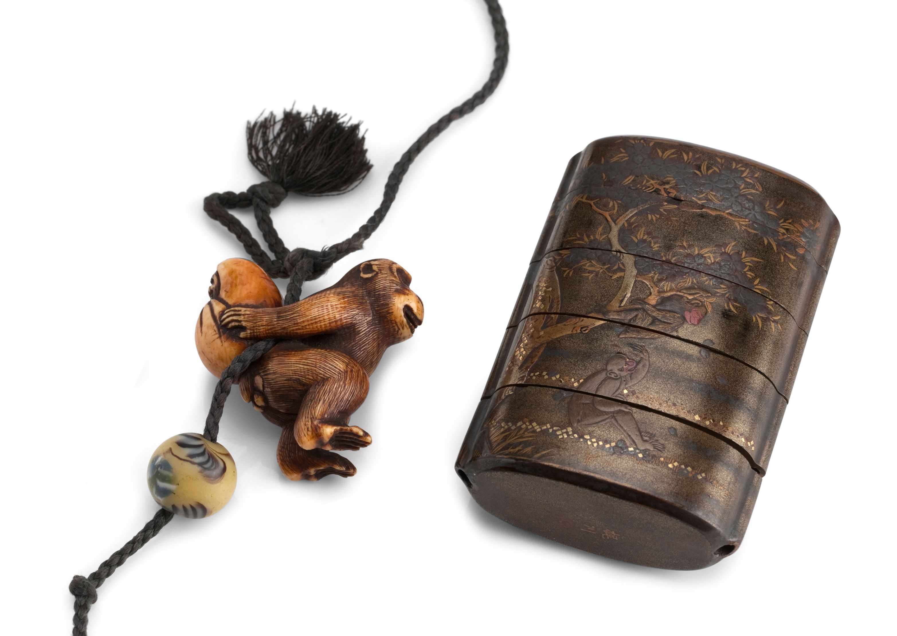 Bonhams : A five compartment inro, ivory netsuke and ojime By Kajikawa ...