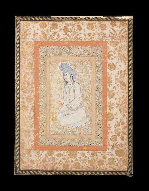 Bonhams : A youth with a wine bottle and cup, kneeling in a landscape ...