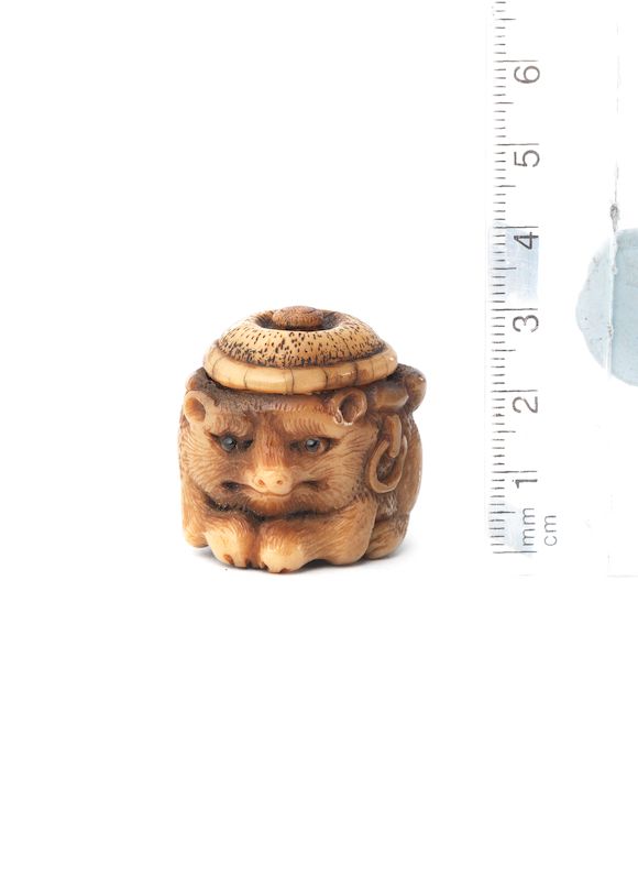 Bonhams : A rare small stag-antler netsuke of a bunbuku chagama (badger tea kettle) By Ozaki ...