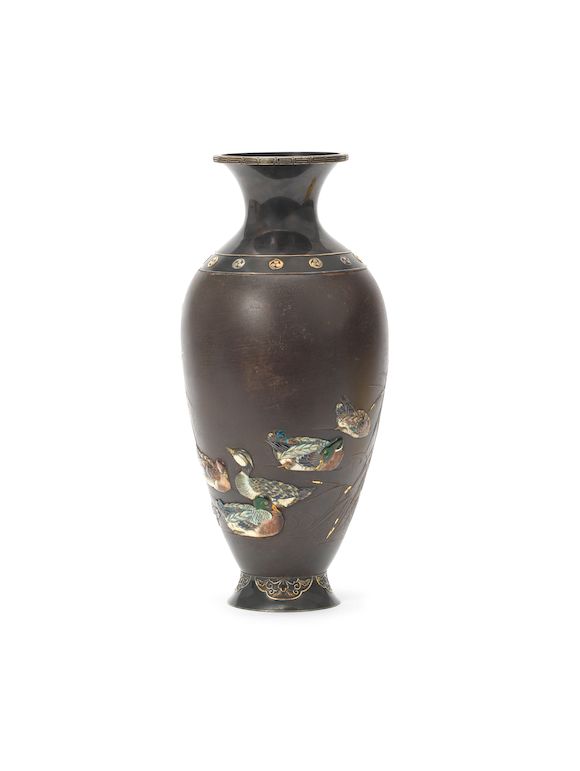 Bonhams : An inlaid-enamelled slender ovoid iron vase By Kaneyasu ...