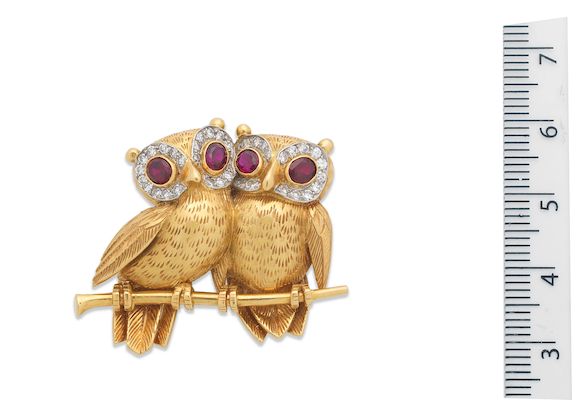 Bonhams : A ruby and diamond owl brooch, by Cartier,