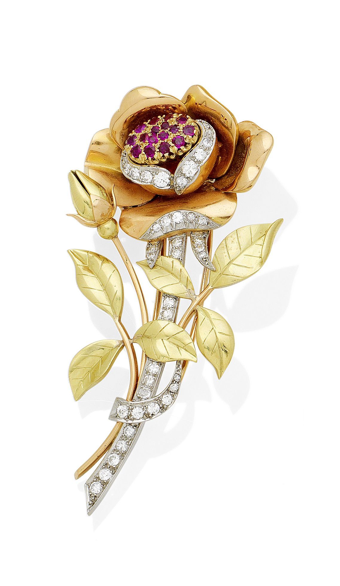 Bonhams : A diamond and ruby rose brooch, circa 1945