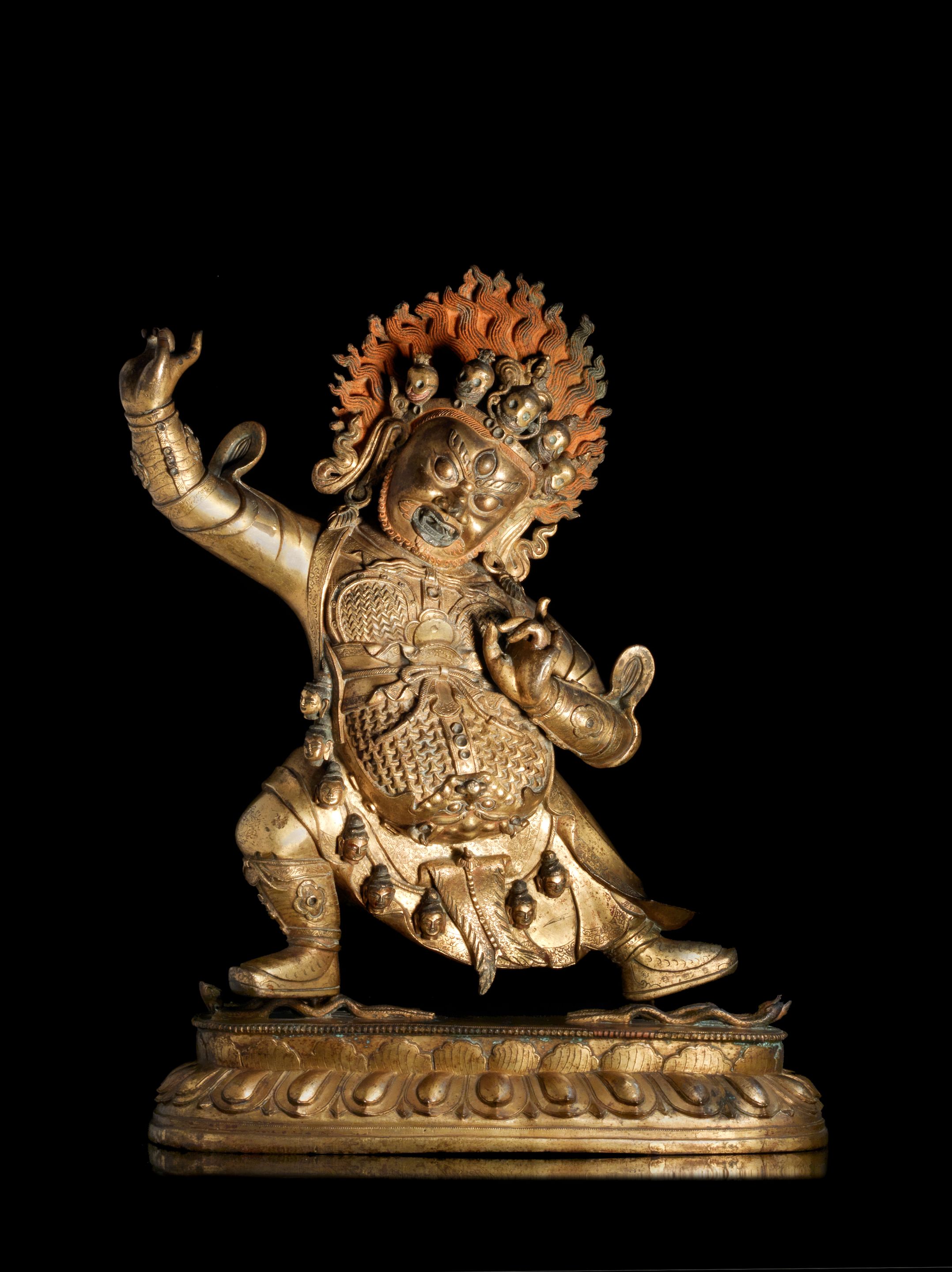 Bonhams : A rare and large gilt-bronze figure of Dharmapala Begtse Chen ...