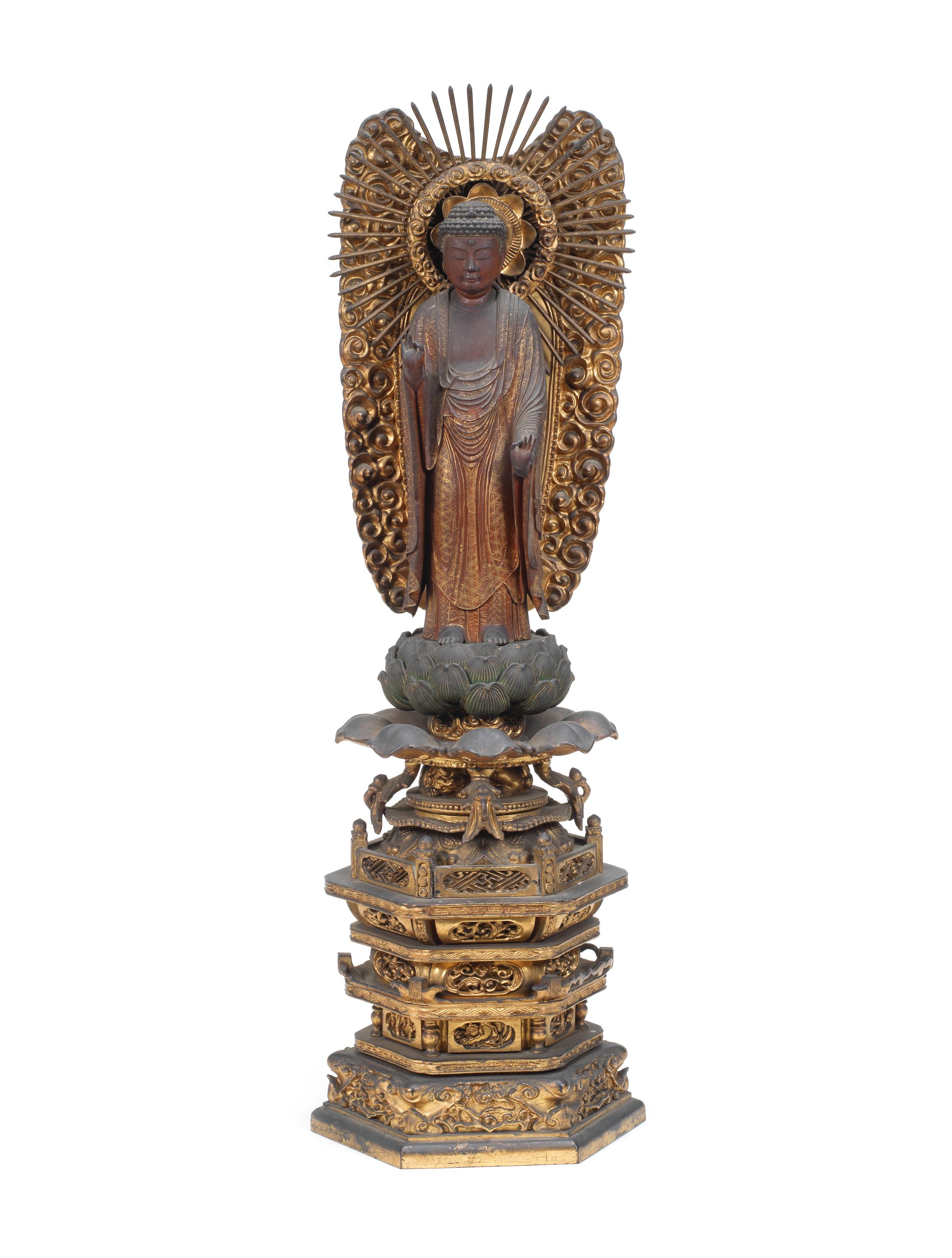 Bonhams : A CARVED AND GILDED WOOD STANDING FIGURE OF AMIDA BUDDHA Edo ...