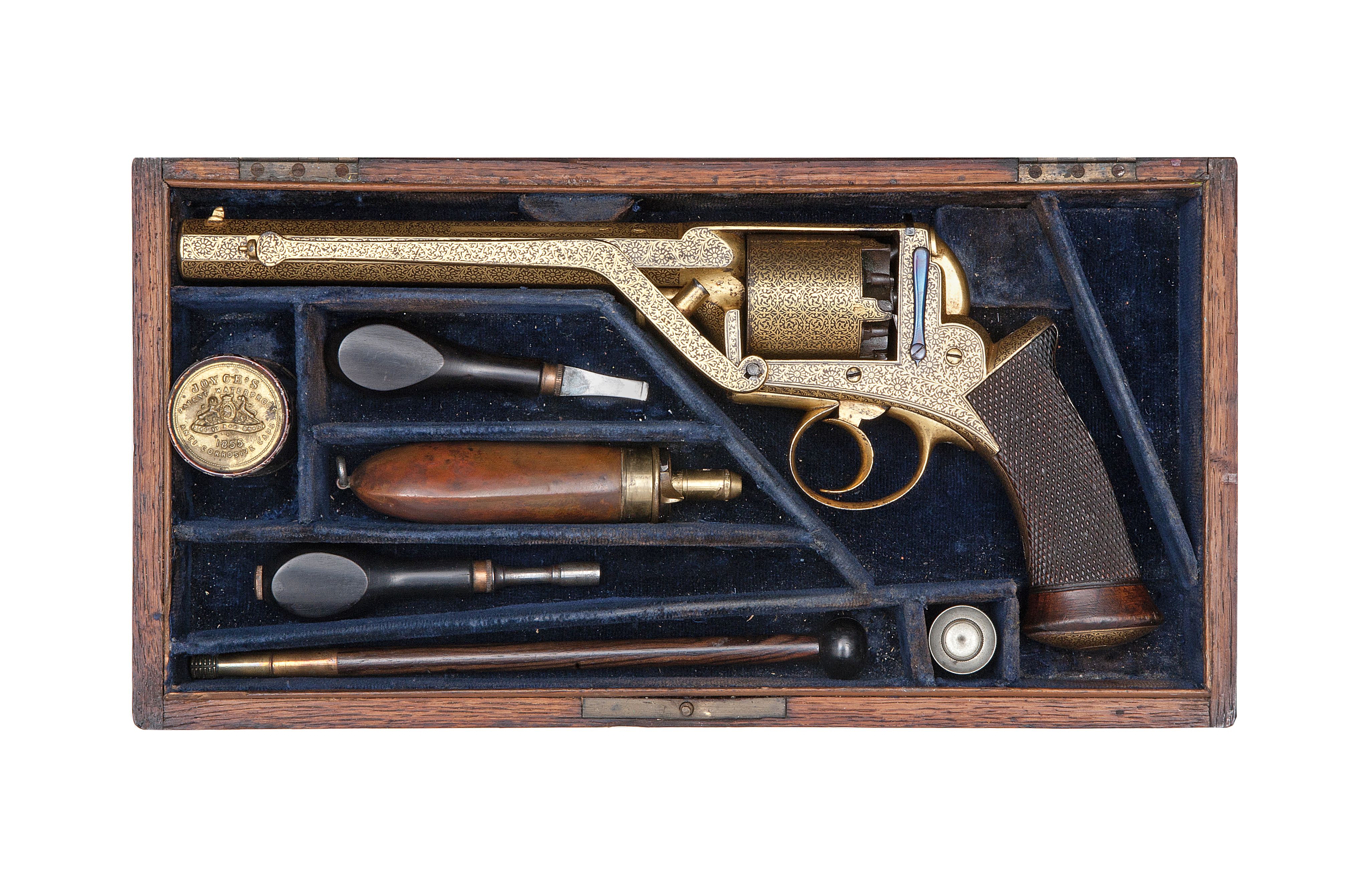 Bonhams : A Rare Cased Gold-Decorated 38-Bore Percussion Deane-Adams ...