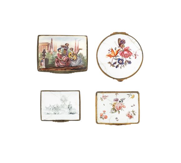 Bonhams : Five English enamel boxes, mid 18th century