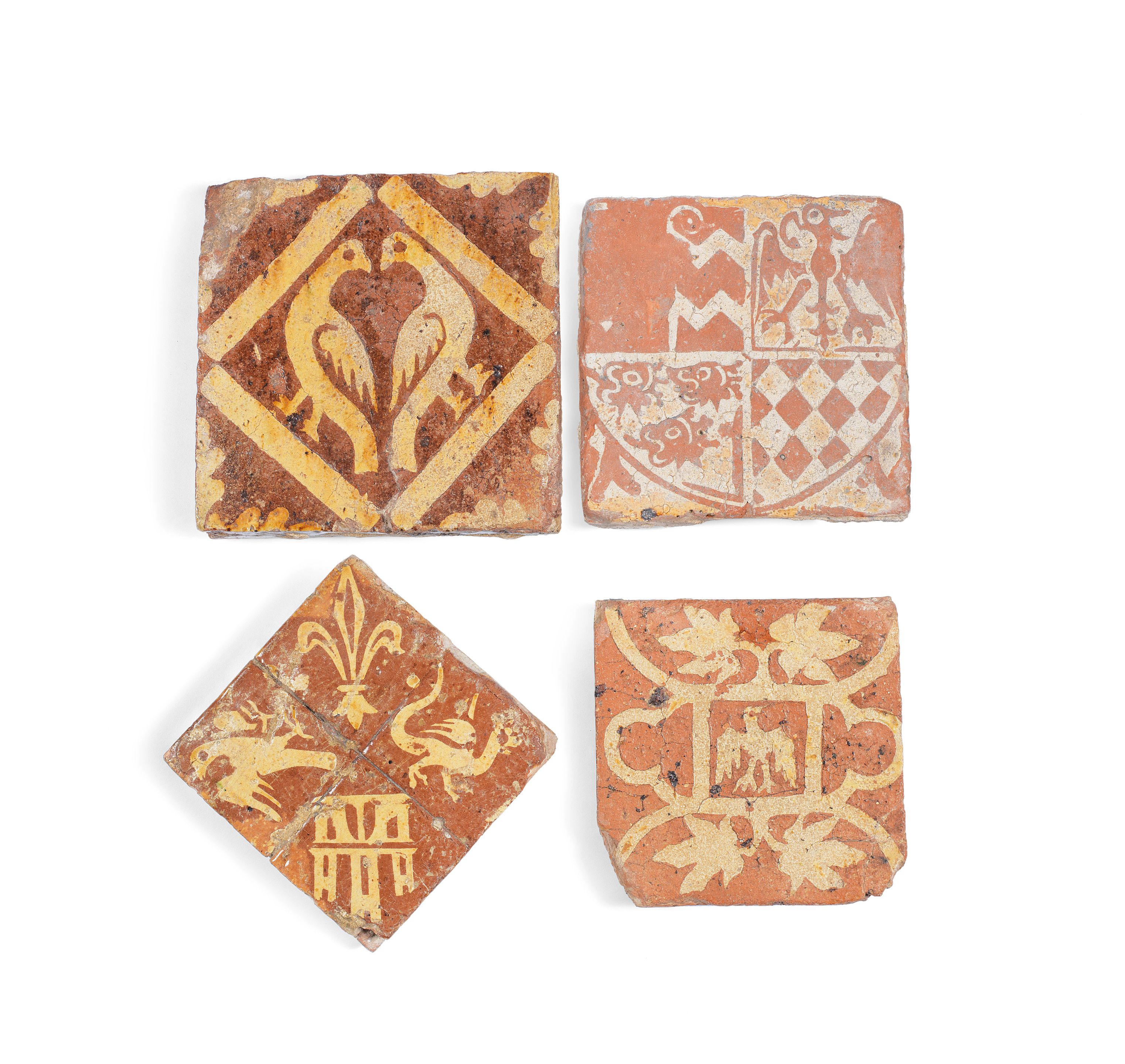 Bonhams : Four medieval encaustic tiles, 14th-15th century