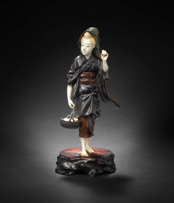 Bonhams : A bronze and ivory okimono figure of a shell gatherer By ...
