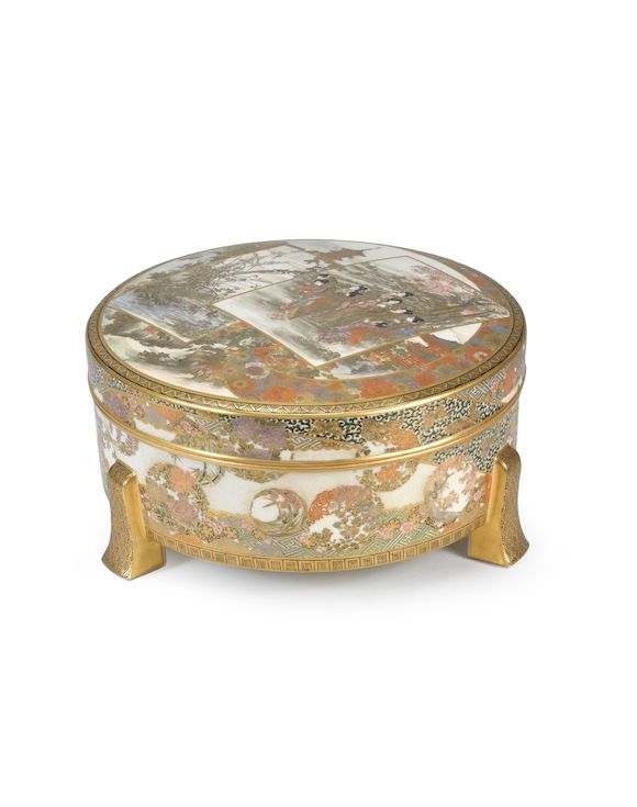 Bonhams : A circular three-legged Satsuma box and cover By Teizan ...