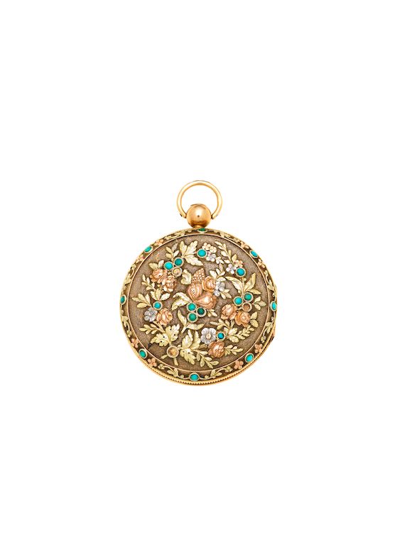 Bonhams : A three colour gold and turquoise set key wind open face ...