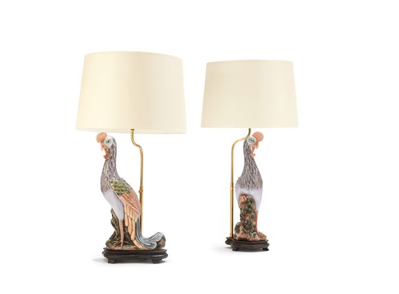 Bonhams : A pair of decorative Chinese porcelain bird lamps and shades