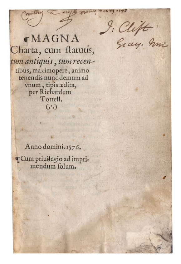 Bonhams : MAGNA CARTA Magna Charta, cum statutis, Richard Tottell, [the ...