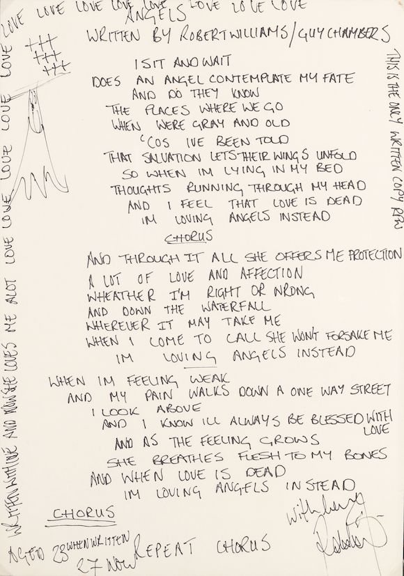 Bonhams : Robbie Williams: a handwritten set of lyrics for the 1997 ...