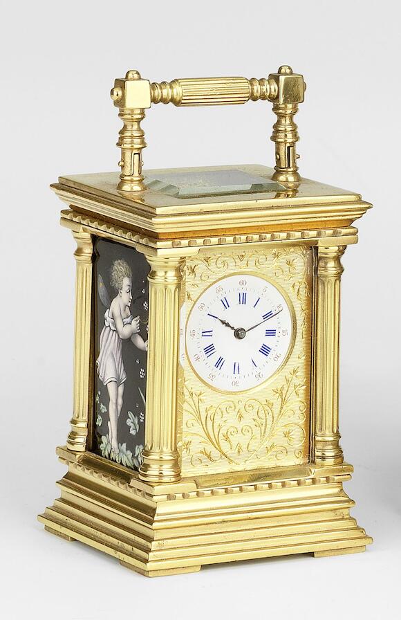 Bonhams : A late 19th century French Limoges enamel carriage timepiece of small size