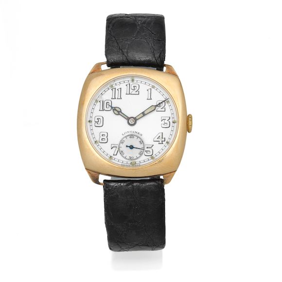 Bonhams : Longines. A 9K gold manual wind cushion form wristwatch ...